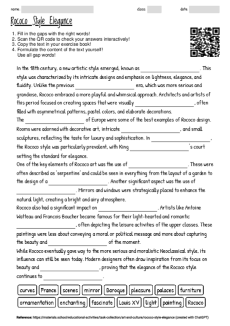 Worksheet with the topic "Rococo Style Elegance" | MATERIALS.SCHOOL