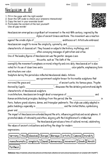 Worksheet with the topic "Neoclassicism in Art" | MATERIALS.SCHOOL