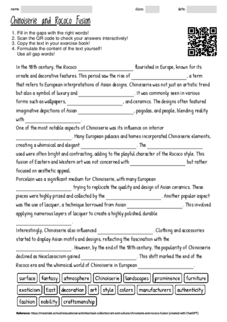 Worksheet with the topic "Chinoiserie and Rococo Fusion" | MATERIALS.SCHOOL