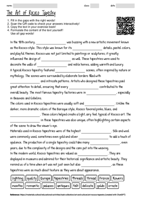 Worksheet with the topic "The Art of Rococo Tapestry" | MATERIALS.SCHOOL