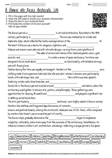 Worksheet with the topic "A Glimpse into Rococo Aristocratic Life ...