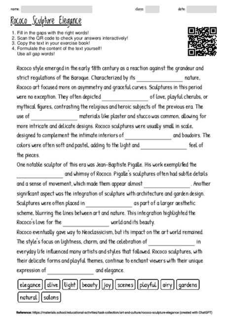 Worksheet with the topic "Rococo Sculpture Elegance" | MATERIALS.SCHOOL