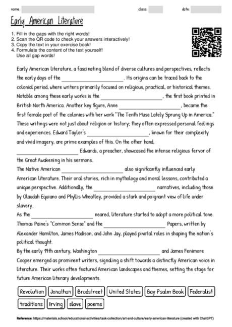 Worksheet with the topic "Early American Literature" | MATERIALS.SCHOOL