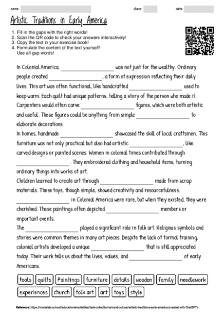 Worksheet with the topic "Artistic Traditions in Early America ...
