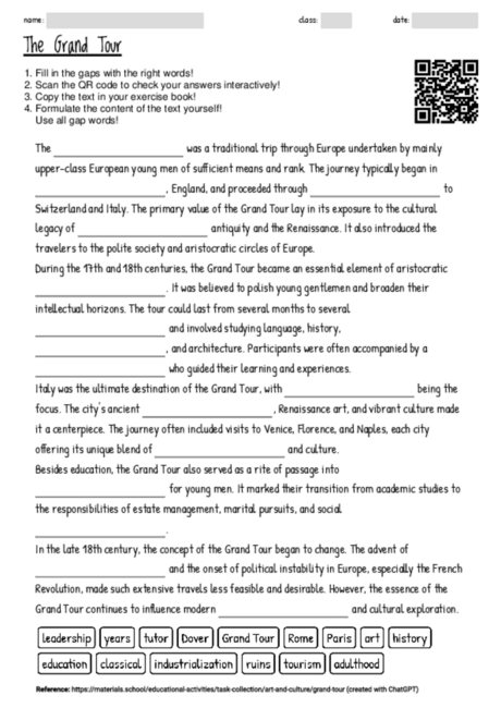Worksheet with the topic "The Grand Tour" | MATERIALS.SCHOOL