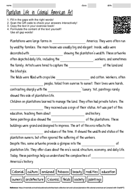 Worksheet with the topic "Plantation Life in Colonial American Art ...