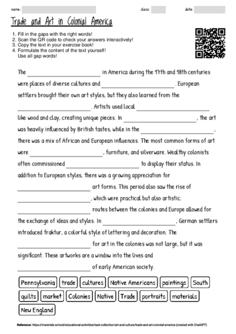 Worksheet with the topic "Trade and Art in Colonial America ...