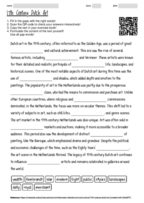 Worksheet with the topic "17th Century Dutch Art" | MATERIALS.SCHOOL