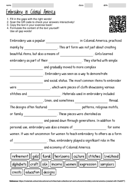 Worksheet with the topic "Embroidery in Colonial America" | MATERIALS ...