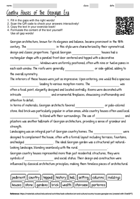 Worksheet with the topic "Country Houses of the Georgian Era ...