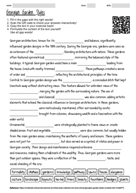 Worksheet with the topic "Georgian Garden Styles" | MATERIALS.SCHOOL