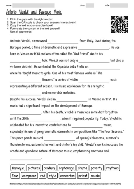 Worksheet with the topic "Antonio Vivaldi and Baroque Music ...