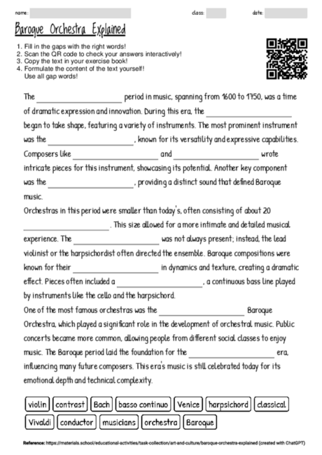 Worksheet with the topic "Baroque Orchestra Explained" | MATERIALS.SCHOOL