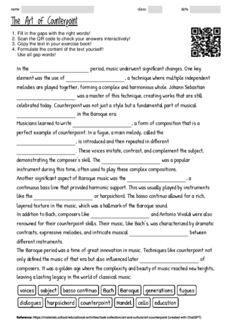 Worksheet with the topic "The Art of Counterpoint" | MATERIALS.SCHOOL