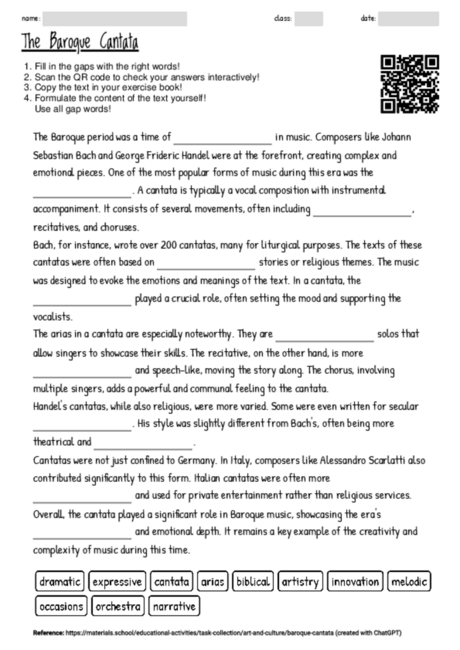 Worksheet with the topic "The Baroque Cantata" | MATERIALS.SCHOOL