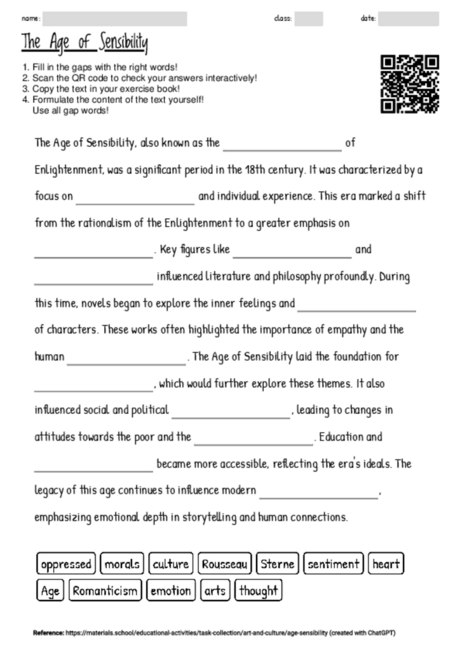 Worksheet with the topic "The Age of Sensibility" | MATERIALS.SCHOOL