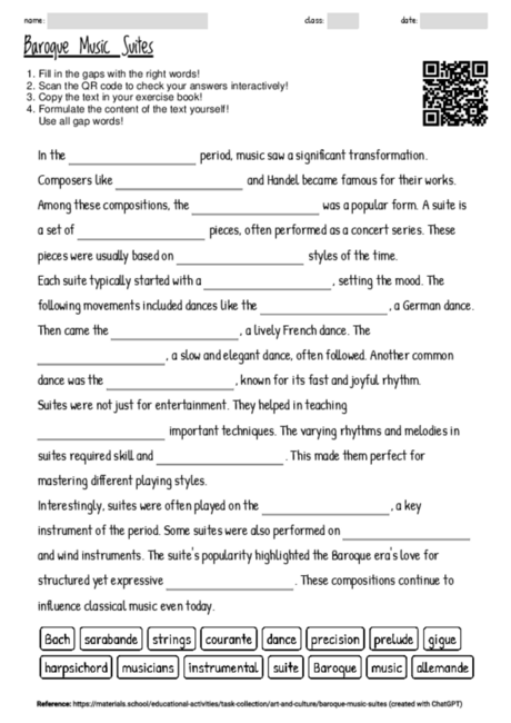 Worksheet with the topic "Baroque Music Suites" | MATERIALS.SCHOOL