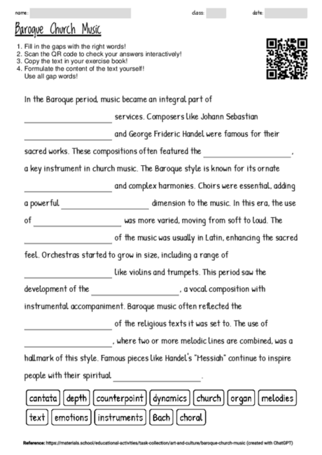 Worksheet with the topic "Baroque Church Music" | MATERIALS.SCHOOL