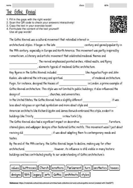 Worksheet with the topic "The Gothic Revival" | MATERIALS.SCHOOL