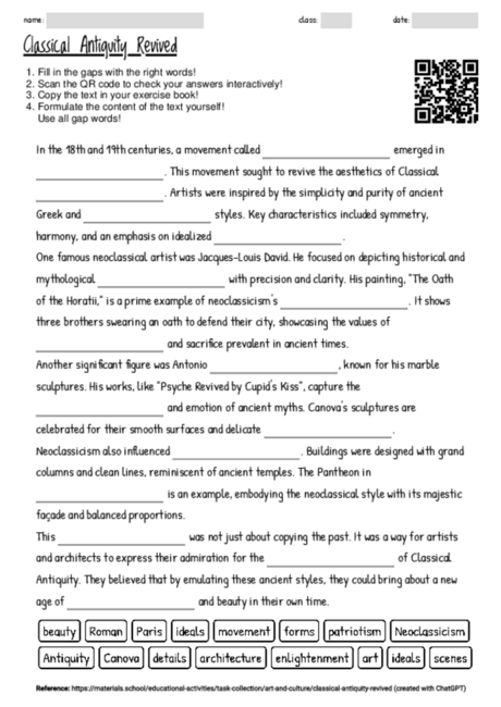 Worksheet with the topic "Classical Antiquity Revived" | MATERIALS.SCHOOL