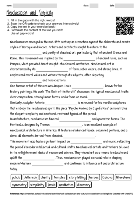 Worksheet with the topic "Neoclassicism and Simplicity" | MATERIALS.SCHOOL