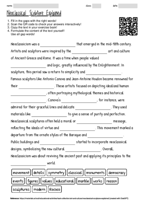 Worksheet with the topic "Neoclassical Sculpture Explained" | MATERIALS ...