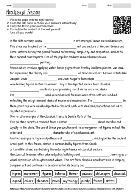 Worksheet with the topic "Neoclassical Frescoes" | MATERIALS.SCHOOL