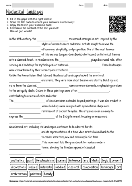 Worksheet with the topic "Neoclassical Landscapes" | MATERIALS.SCHOOL