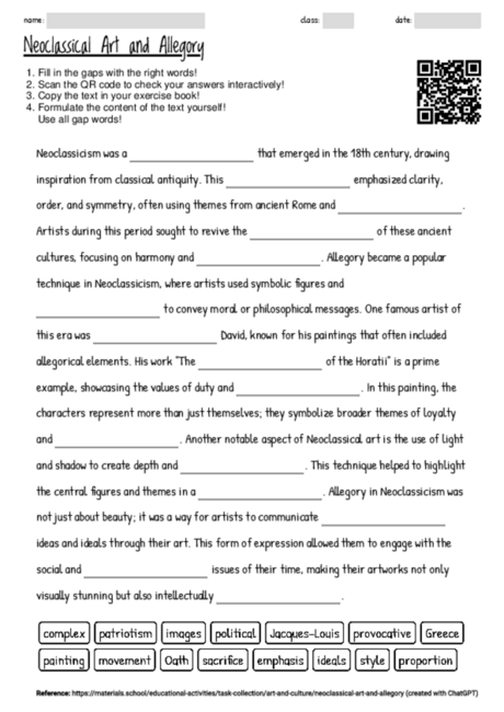 Worksheet with the topic "Neoclassical Art and Allegory" | MATERIALS.SCHOOL