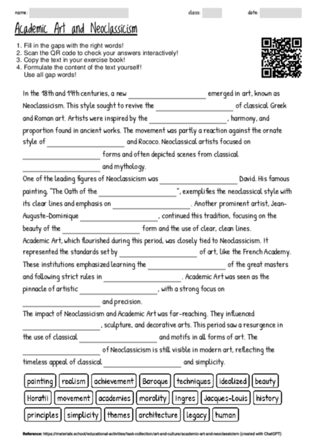 Worksheet with the topic "Academic Art and Neoclassicism" | MATERIALS ...