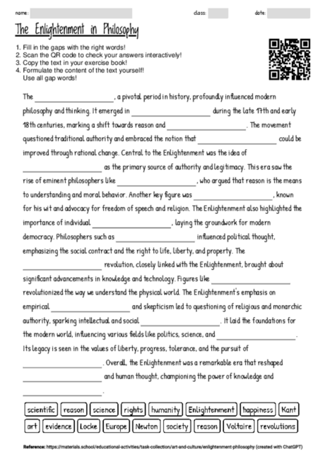 Worksheet with the topic "The Enlightenment in Philosophy" | MATERIALS ...