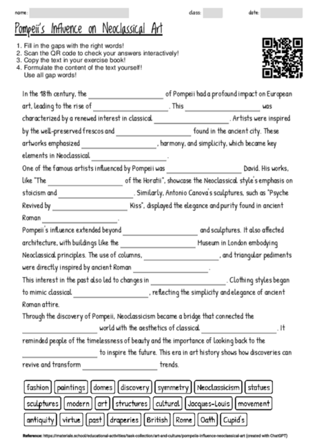 Worksheet with the topic "Pompeii's Influence on Neoclassical Art ...