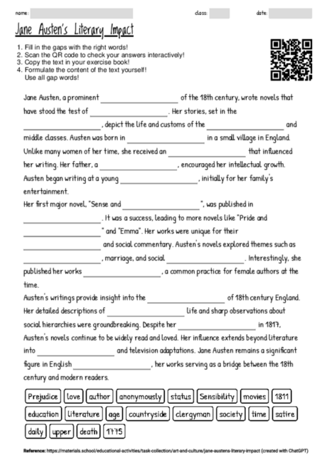 Worksheet with the topic "Jane Austen's Literary Impact" | MATERIALS.SCHOOL