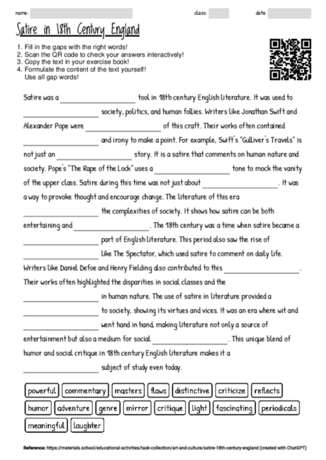 Worksheet with the topic "Satire in 18th Century England" | MATERIALS ...
