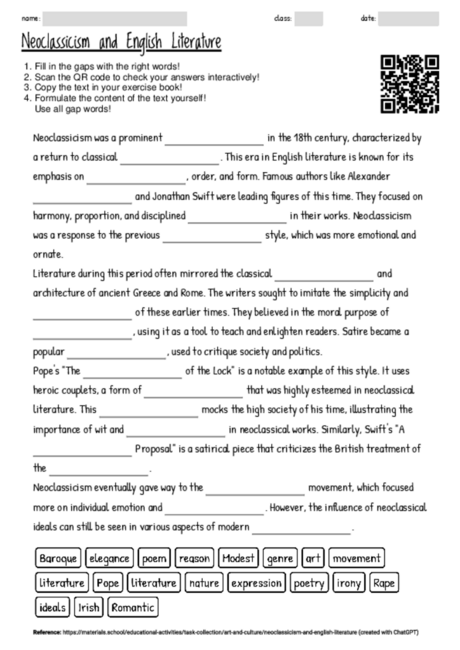 Worksheet with the topic "Neoclassicism and English Literature ...
