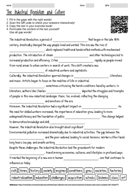 Worksheet with the topic "The Industrial Revolution and Culture ...