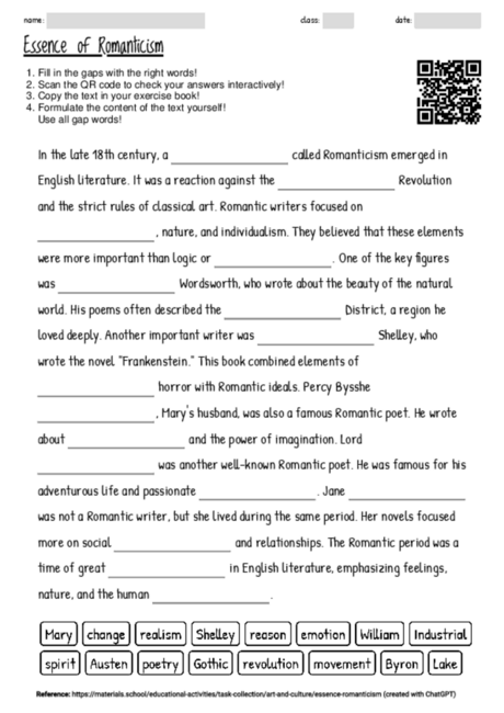 Worksheet with the topic "Essence of Romanticism" | MATERIALS.SCHOOL