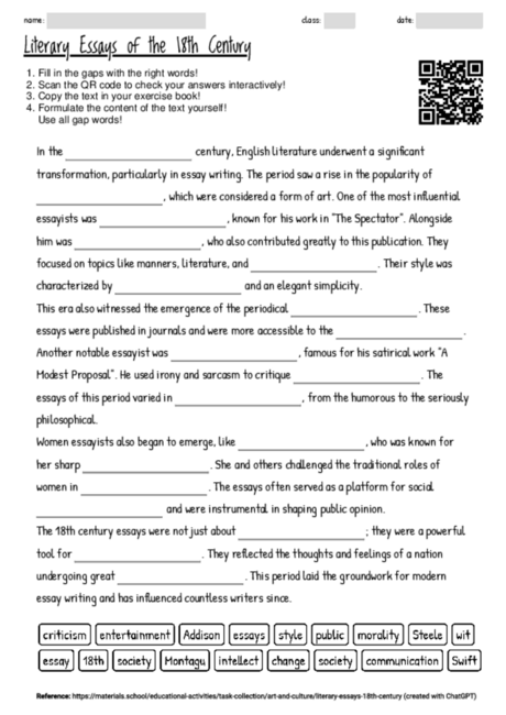 Worksheet with the topic "Literary Essays of the 18th Century ...