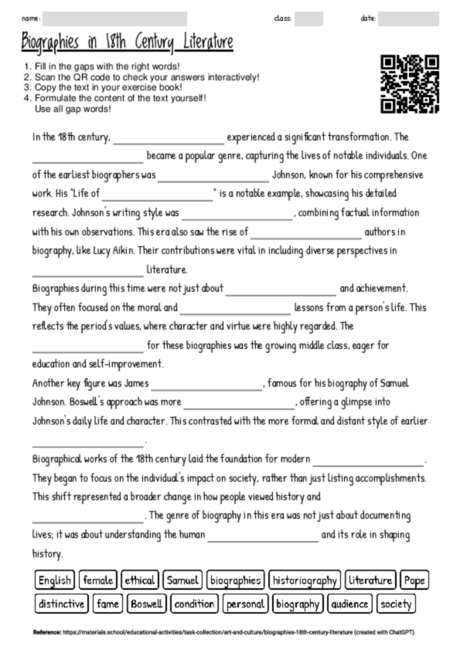 Worksheet with the topic "Biographies in 18th Century Literature ...