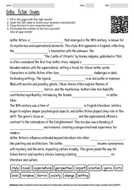 Worksheet with the topic "Gothic Fiction Origins" | MATERIALS.SCHOOL