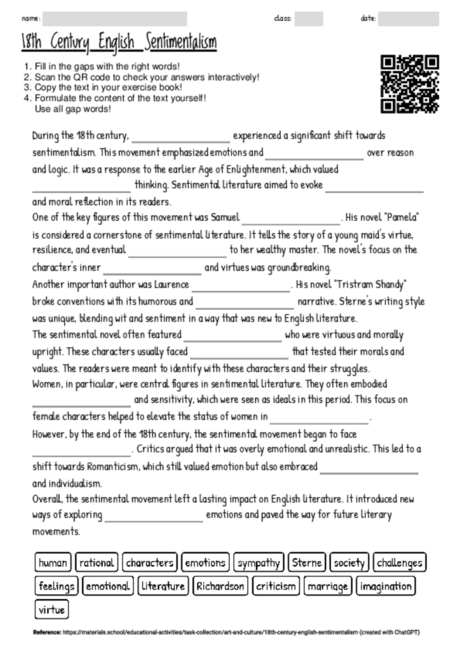 Worksheet with the topic "18th Century English Sentimentalism ...