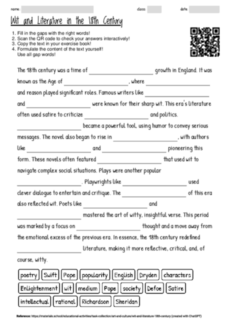 Worksheet with the topic "Wit and Literature in the 18th Century ...