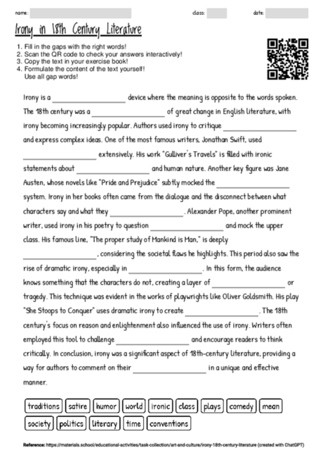 Worksheet with the topic "Irony in 18th Century Literature" | MATERIALS ...