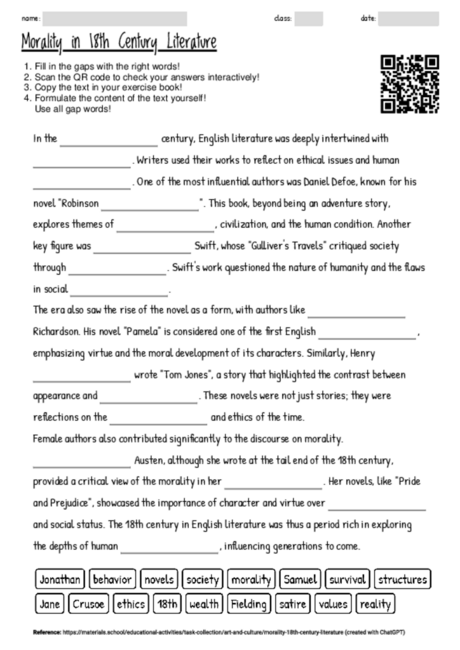 Worksheet with the topic "Morality in 18th Century Literature ...