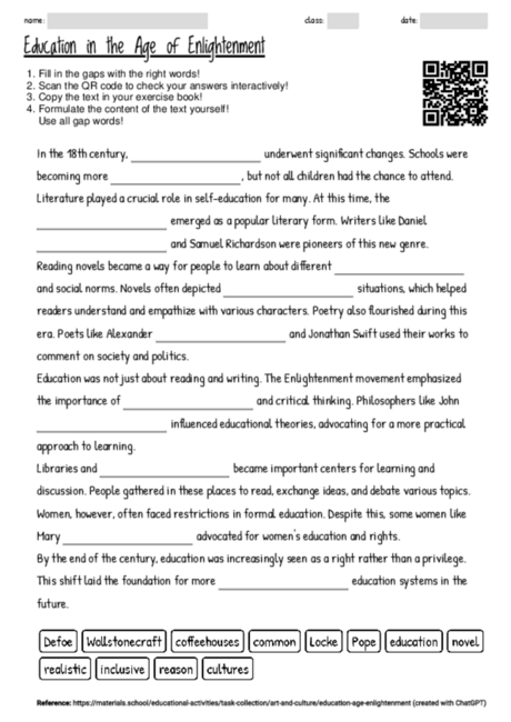 Worksheet with the topic "Education in the Age of Enlightenment ...