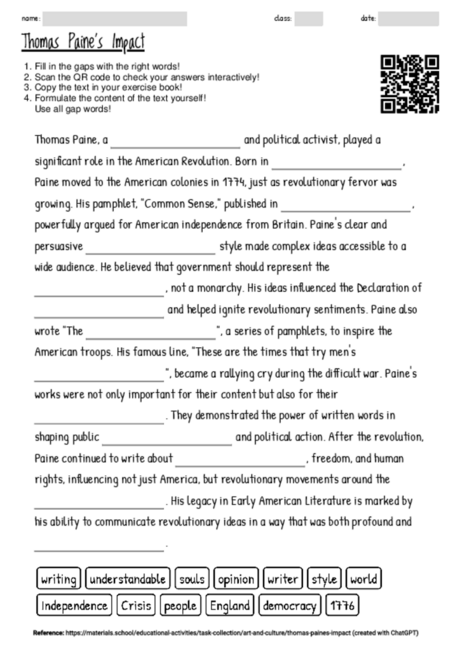 Worksheet with the topic "Thomas Paine's Impact" | MATERIALS.SCHOOL