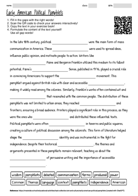 Worksheet with the topic "Early American Political Pamphlets ...
