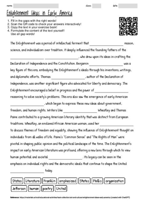 Worksheet with the topic "Enlightenment Ideas in Early America ...
