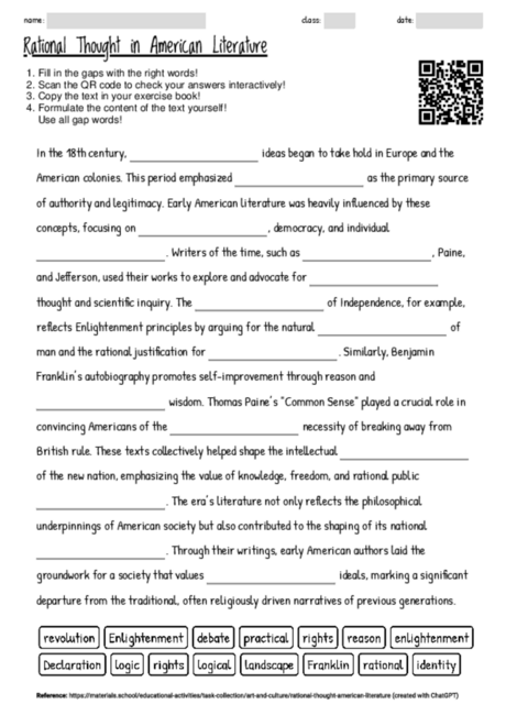 Worksheet with the topic "Rational Thought in American Literature ...