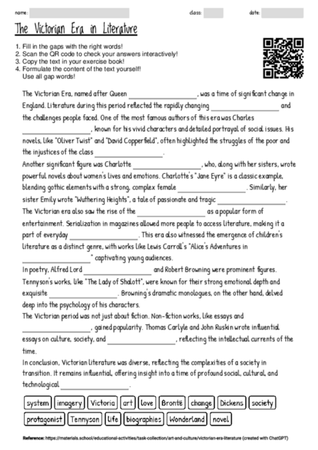 Worksheet with the topic "The Victorian Era in Literature" | MATERIALS ...